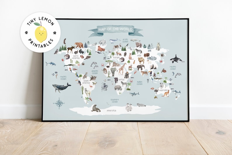 Animal World Map Poster. DIGITAL DOWNLOAD. Boho Playroom - Etsy