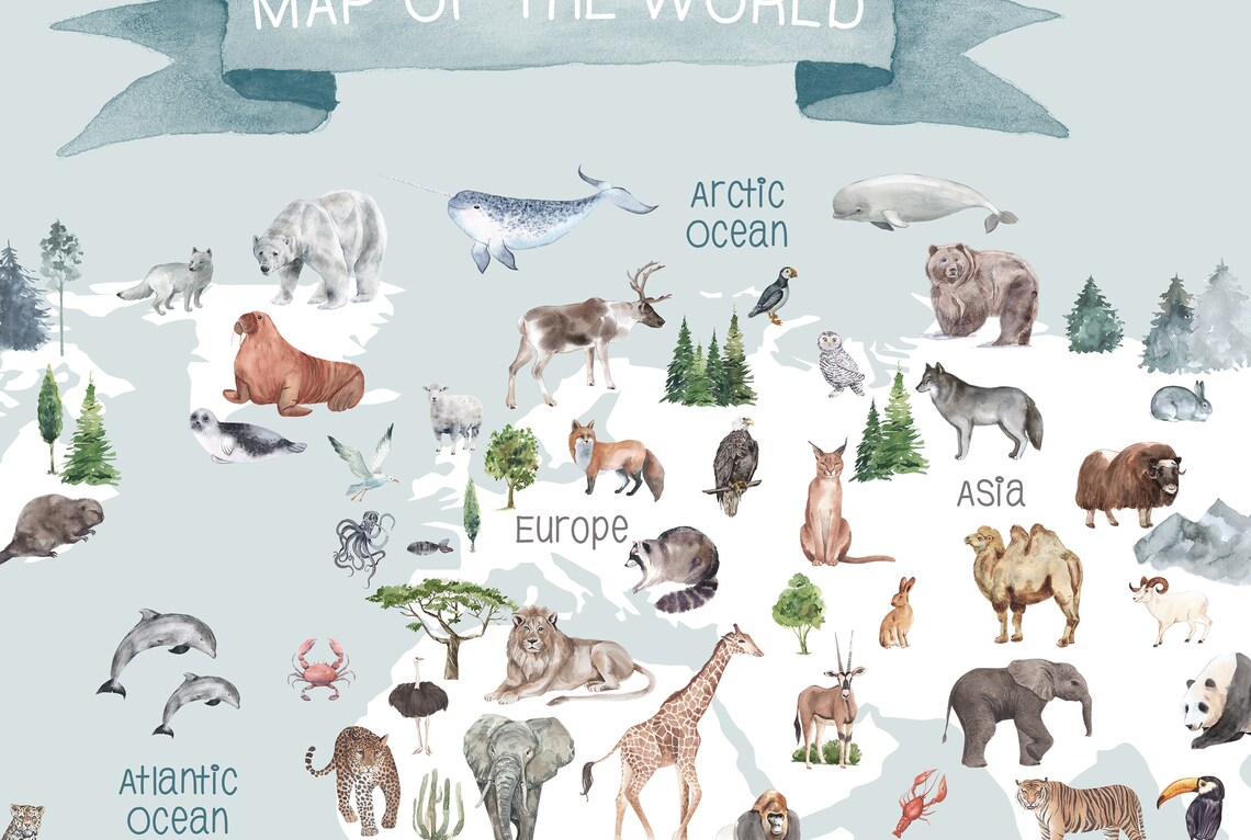 Animal World Map Poster. DIGITAL DOWNLOAD. Boho Playroom Educational ...