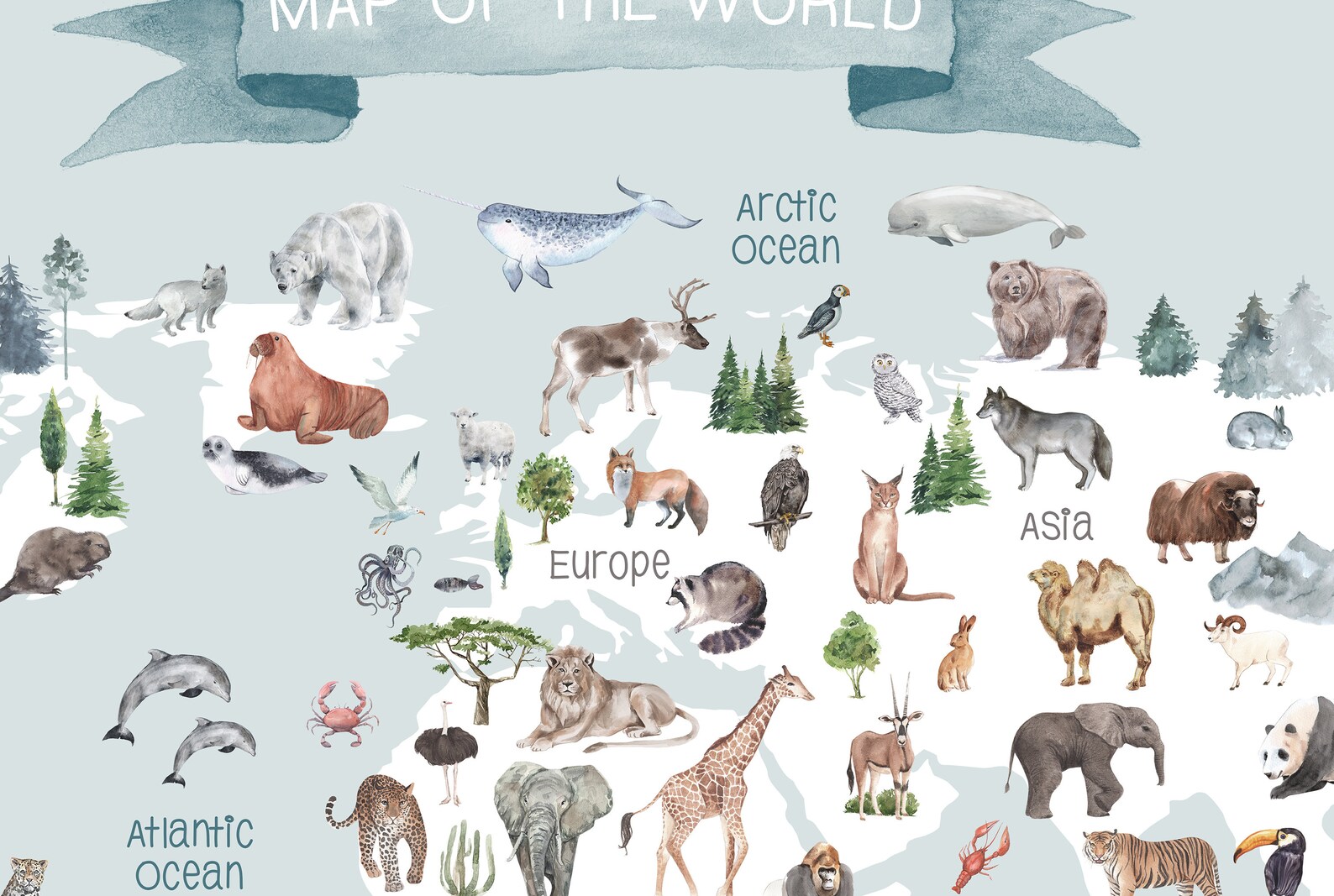 Animal World Map Poster. DIGITAL DOWNLOAD. Boho Playroom Educational ...