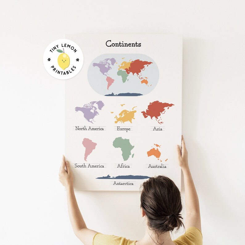 Afiche educativo de los continentes. Mapa del aula. Arte de la pared de ...