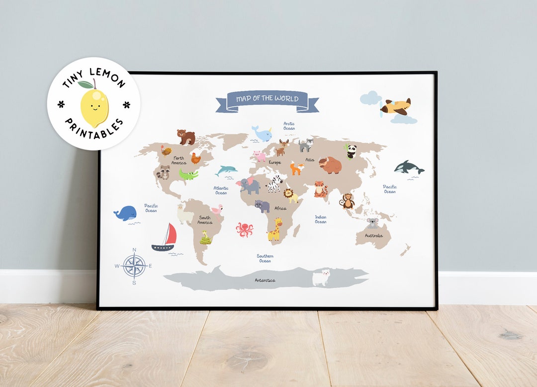 Boho Animal World Map Print: Kids Playroom Decor (digital Download) - Etsy