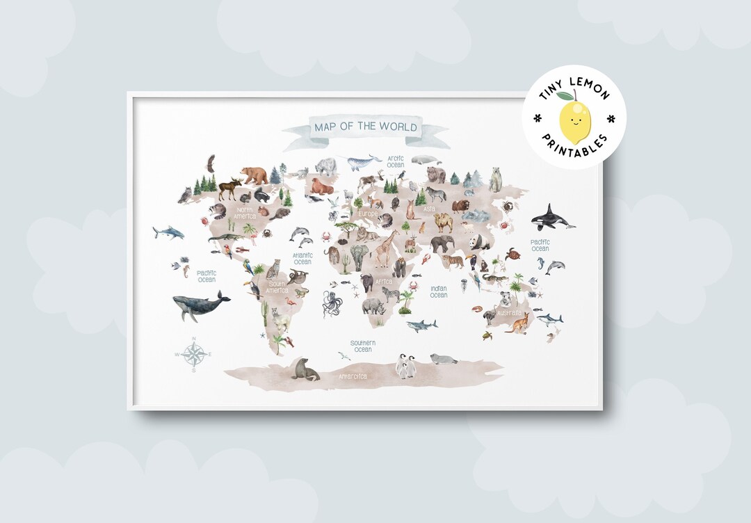 Animal World Map Poster. DIGITAL DOWNLOAD. Boho Playroom Educational ...