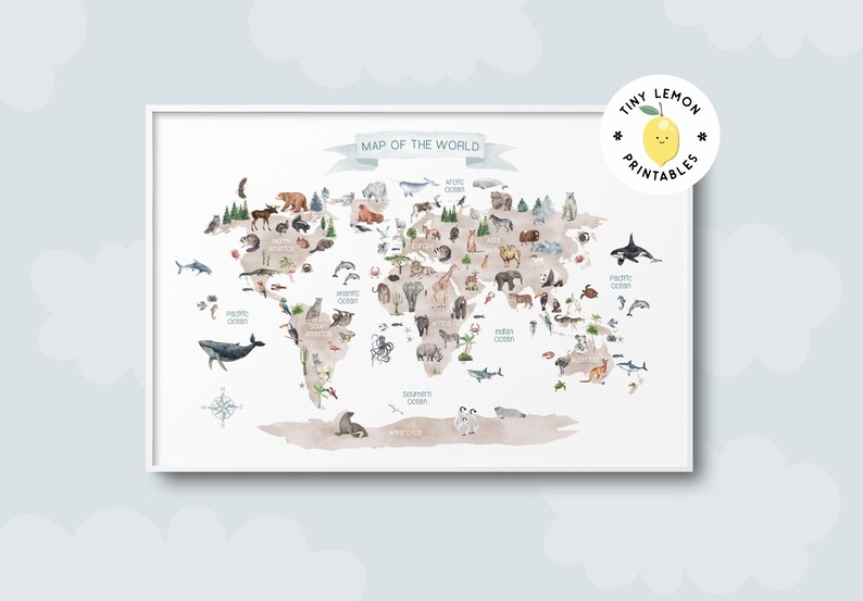 Animal World Map Poster. DIGITAL DOWNLOAD. Boho Playroom - Etsy