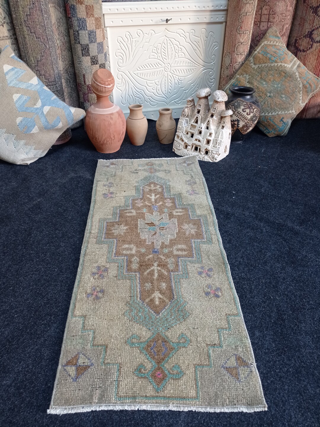 2x4 Green Brown Beige Rug Wool Small Rug, Anatolian Rug, Vintage ...