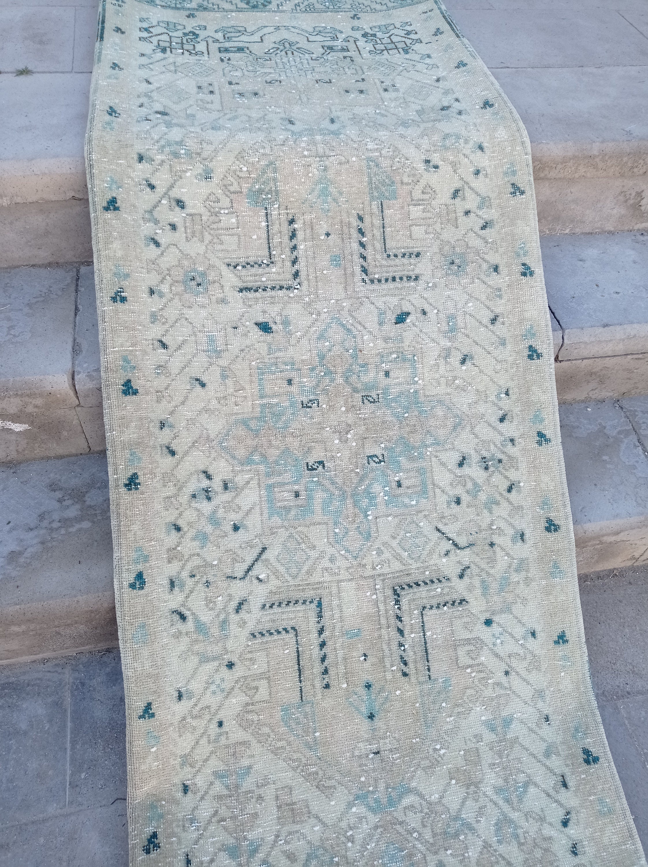 2x11 Green Beige Brown Turkish Runner Heriz Runner Rug 2x11 Antique ...