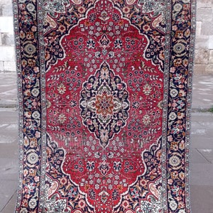4x4 Red Blue Turkish Rug, 3x Neutral Oushak Rug, Handmade Vintage Area ...
