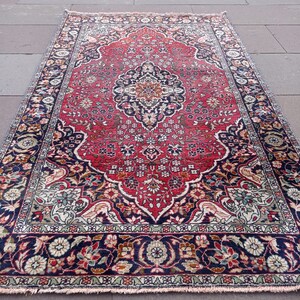 4x4 Red Blue Turkish Rug, 3x Neutral Oushak Rug, Handmade Vintage Area ...