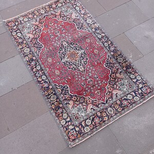 4x4 Red Blue Turkish Rug, 3x Neutral Oushak Rug, Handmade Vintage Area ...