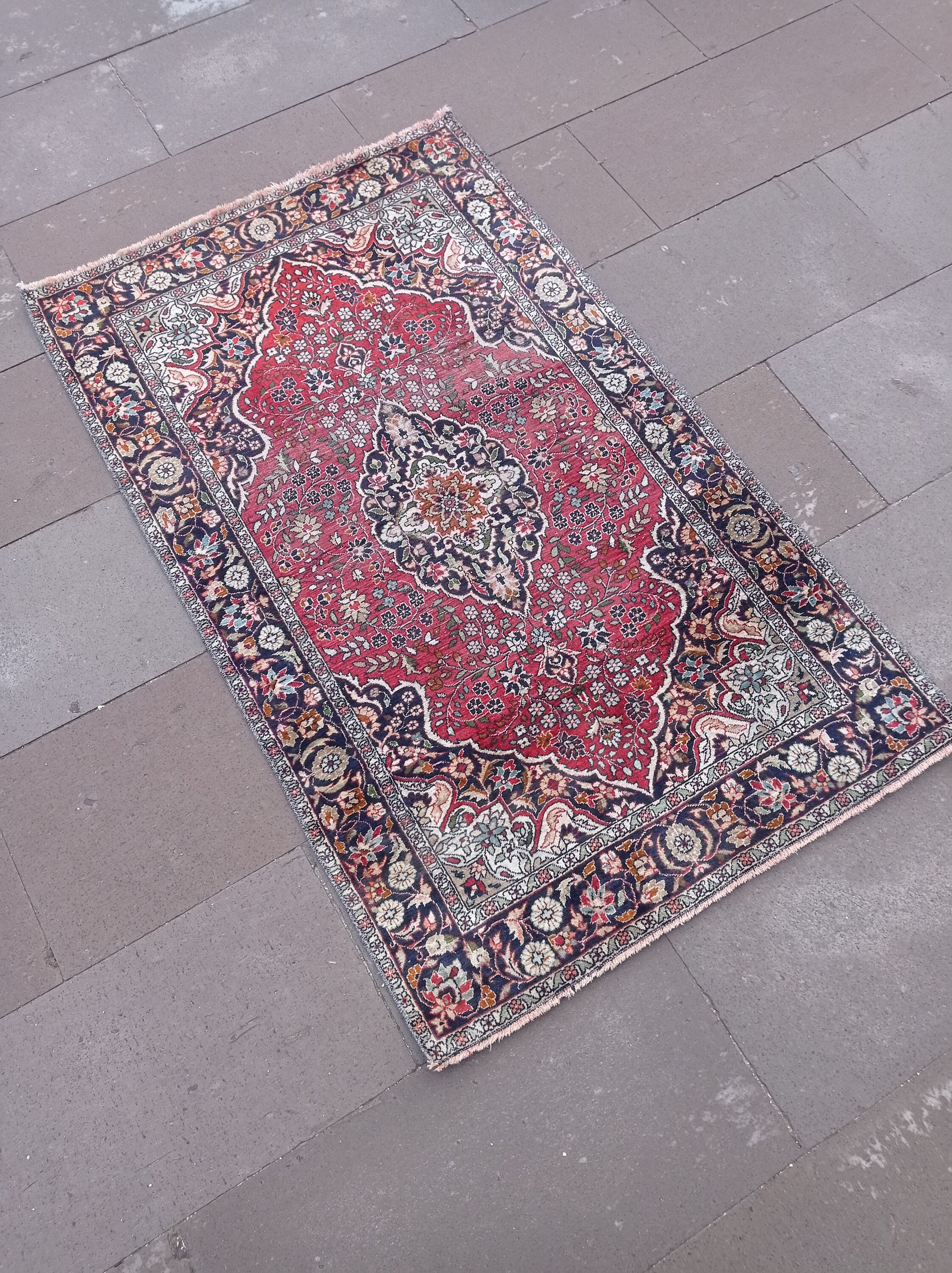 4x4 Red Blue Turkish Rug, 3x Neutral Oushak Rug, Handmade Vintage Area ...