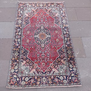 4x4 Red Blue Turkish Rug, 3x Neutral Oushak Rug, Handmade Vintage Area ...