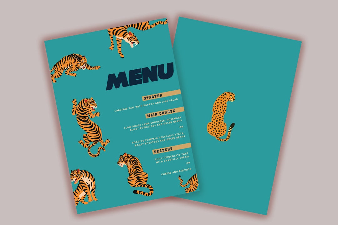 Roar Modern Wedding Menu: Animal Print Leopard Contemporary Colourful ...