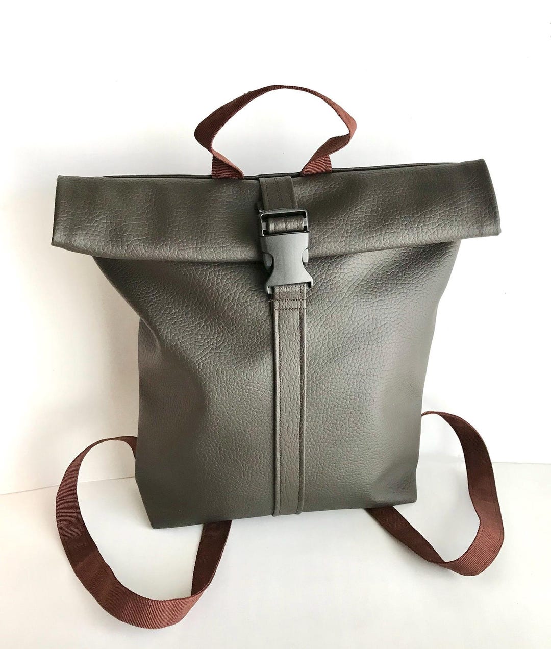 Brown Faux Leather Anti-theft Rolltop Backpack With Lock, Unisex ...