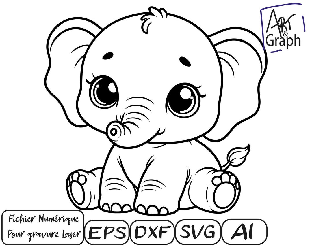 Cute Elephant SVG File Kawaii Digital File Funny Vector Eps Ai Dxf ...