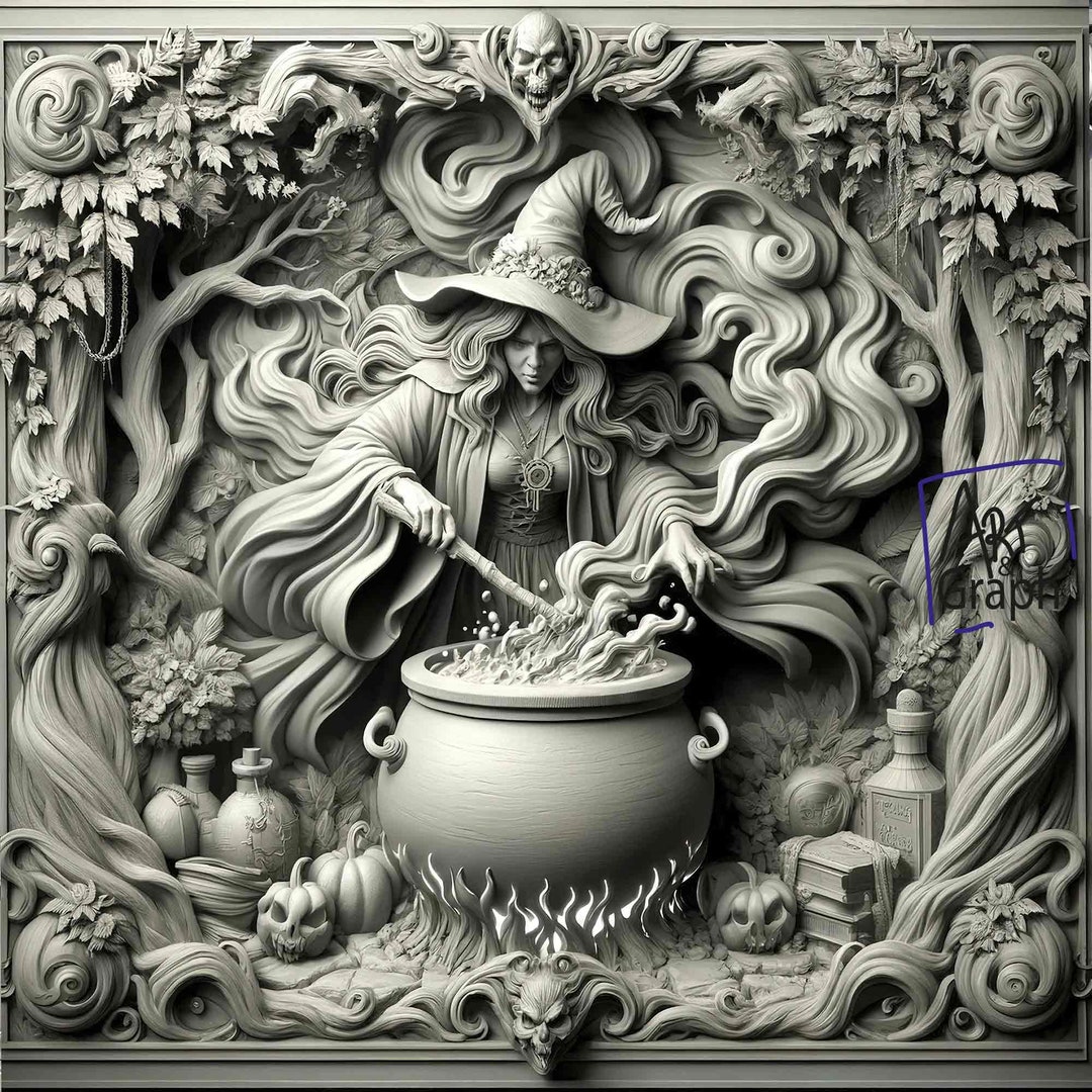 Laser Engraving Relief Image Engrave PNG 3D Illusion Glowforge Laser Ready Halloween Witch ...