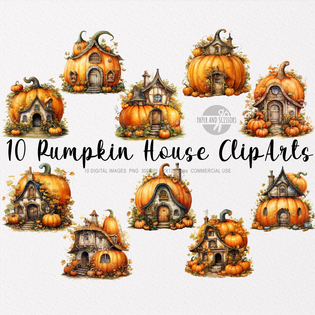 10 Pumpkin Houses Clipart, Watercolor Pumpkin Houses PNG, Halloween PNG ...
