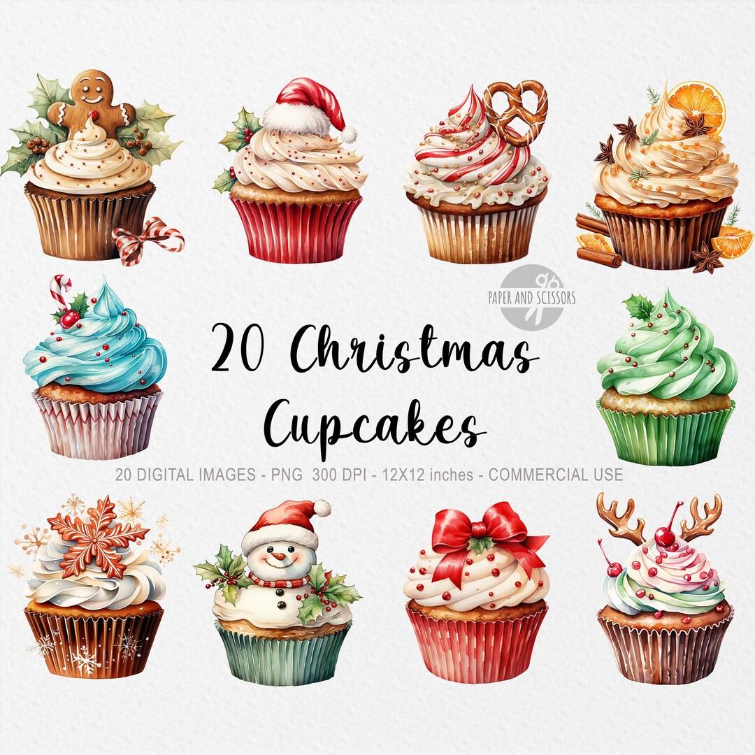 20 Christmas Cupcakes Clipart, Christmas Cupcakes PNG, Watercolor ...