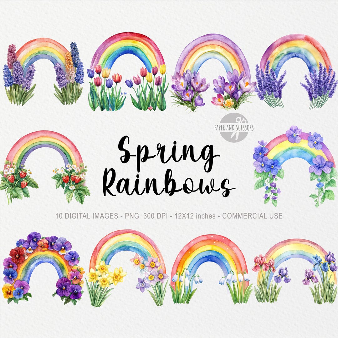 10 Spring Rainbow Cliparts, Flower PNG, Watercolor Floral, Preppy ...