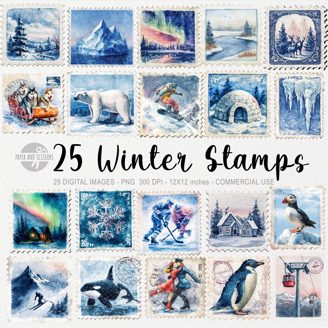 25 Winter Stamp Clipart, Vintage Postage PNG, Retro Christmas, SVG ...