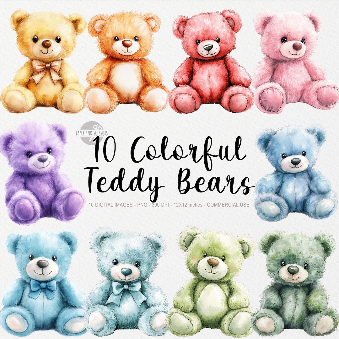 10 Colorful Teddy Bears Watercolor Clipart, Cute Rainbow Teddy Bear PNG ...