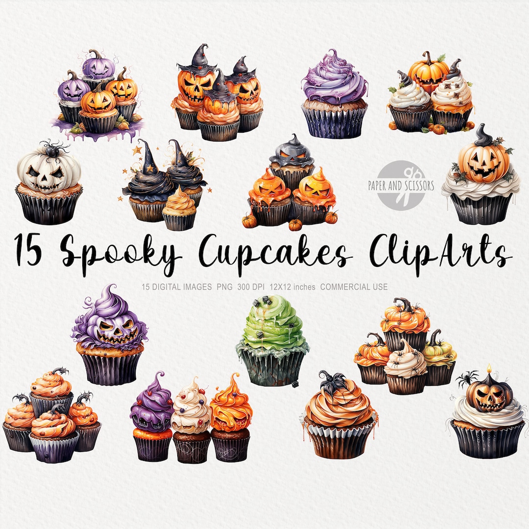 15 Halloween Cupcakes Clipart, Watercolor Halloween Cupcakes PNG ...