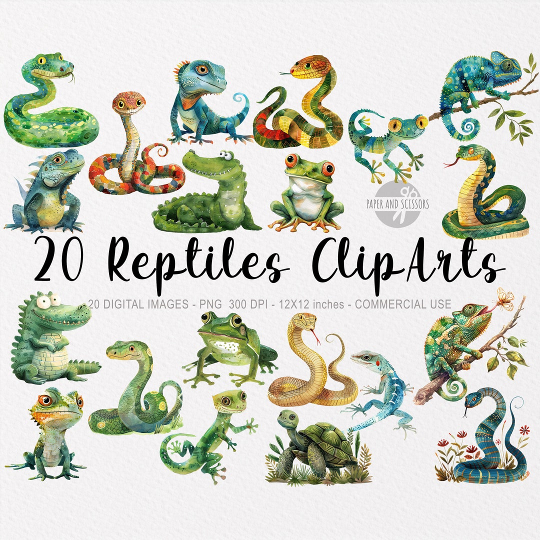 20 Reptiles Cliparts, Jungle Watercolor PNG, Baby Shower Wall Art ...