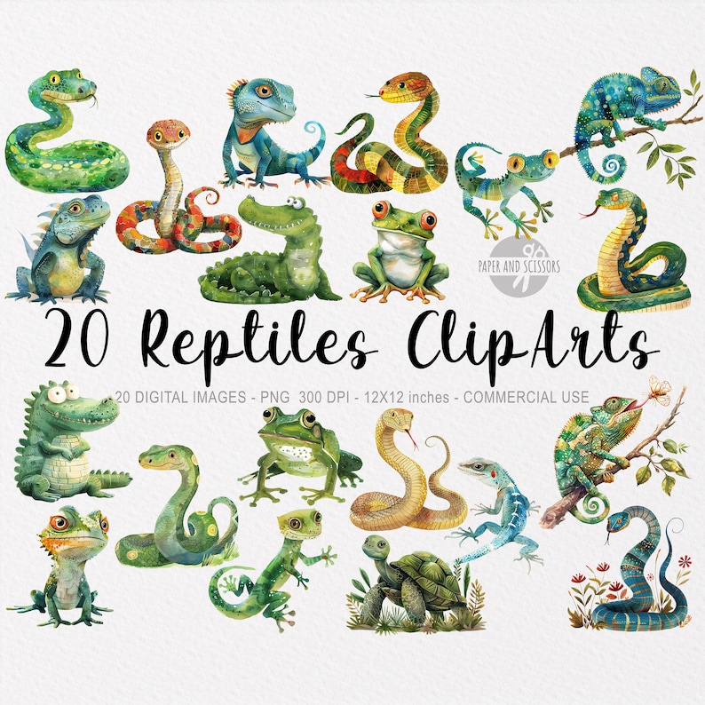 20 Reptiles Cliparts, Jungle Watercolor PNG, Baby Shower Wall Art ...