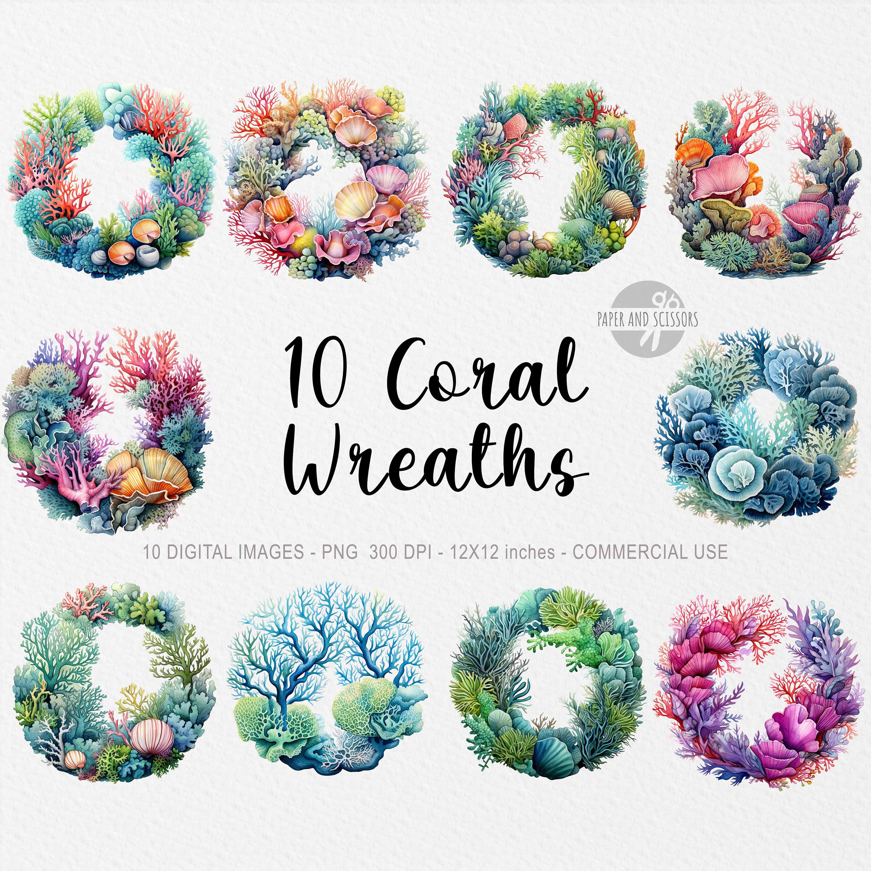 10 Coral Wreath Cliparts, Coral PNG, Summer Illustration, Watercolor ...