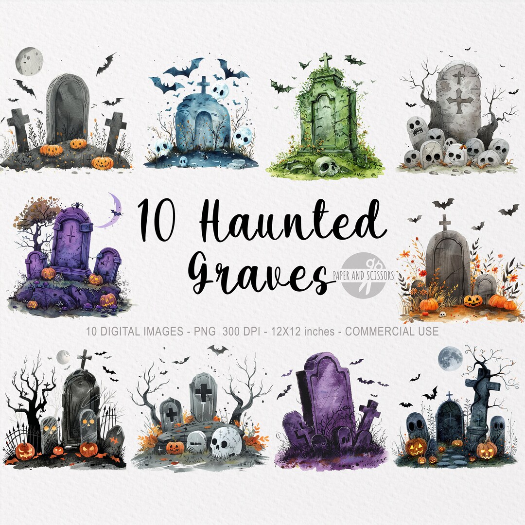 10 Haunted Graves Clipart, Halloween PNG, Spooky Decor, Scary Graveyard ...