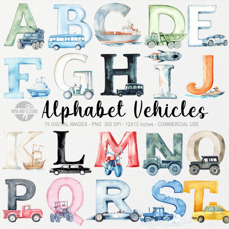 75 A-Z Vehicles Clipart, Watercolor Nursery Decor Bundle, PNG Alphabet ...