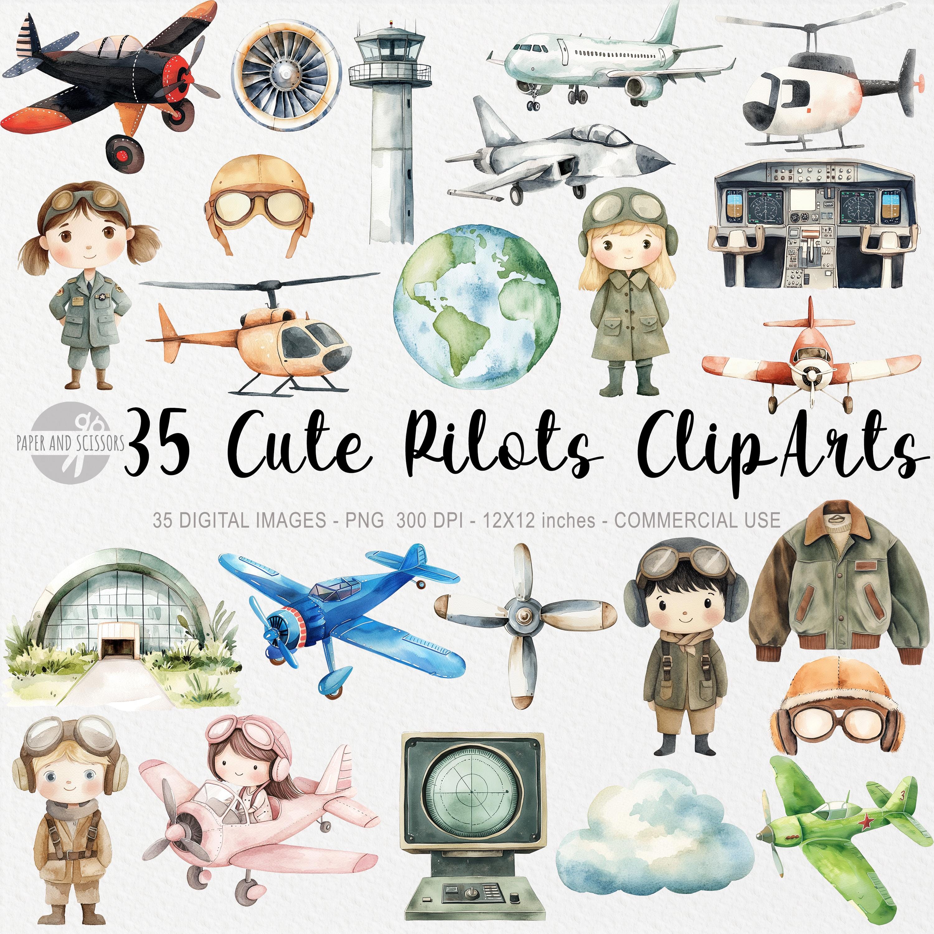 35 Little Pilot Cliparts, Watercolor Storybook PNG, Airplane Stickers ...