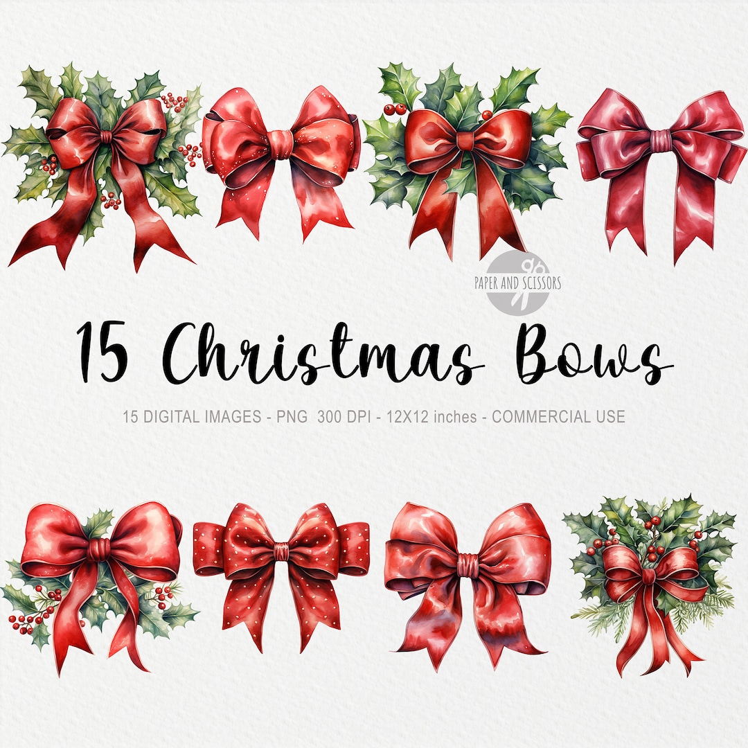 15 Christmas Bow Clipart, Bow PNG, Watercolor Ribbon Illustration ...