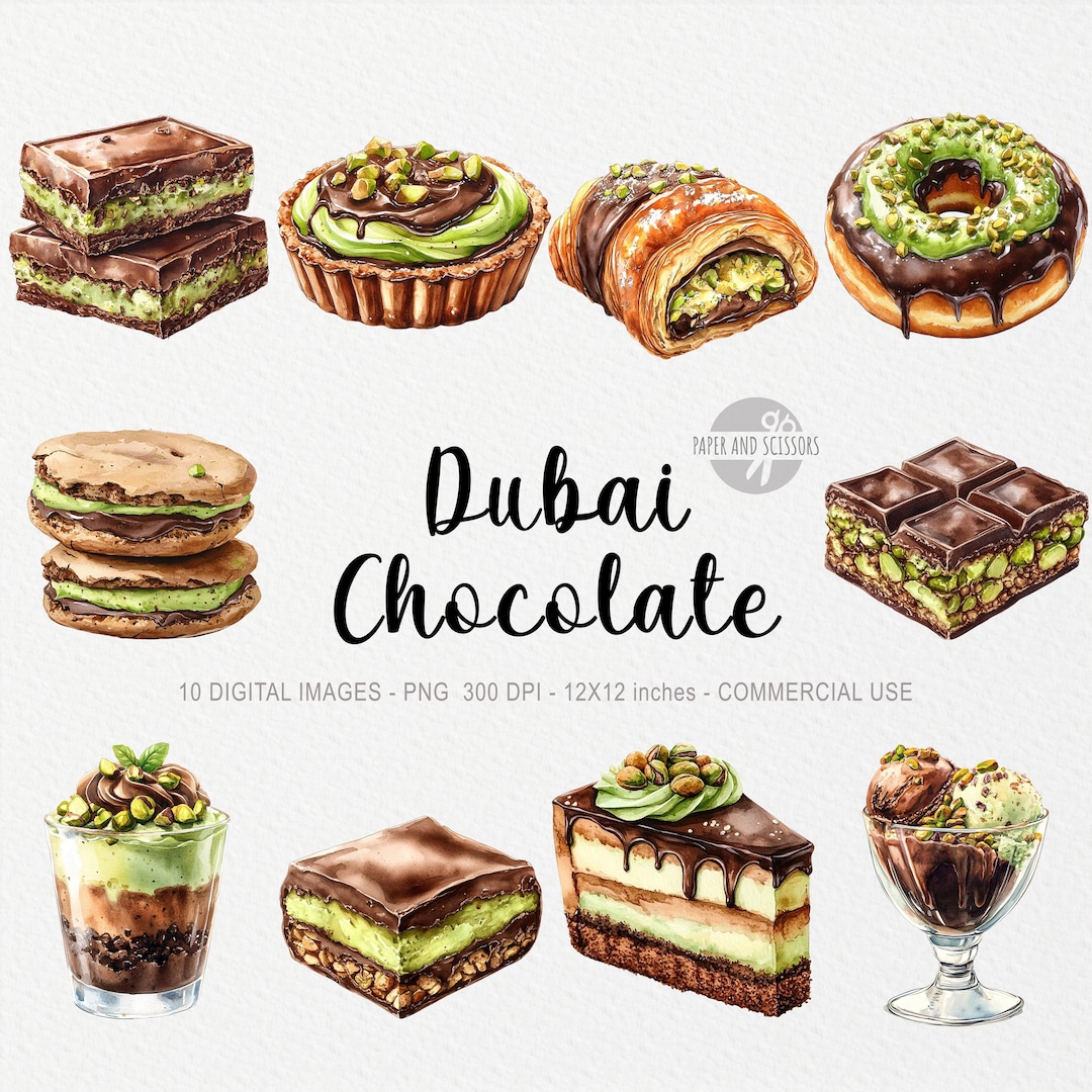 10 Dubai Chocolate Cliparts, Dessert PNG, Pistachio, Kadayif Pastry ...
