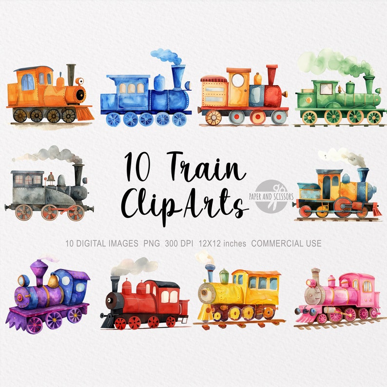 10 Train Cliparts, Watercolor PNG, Cute Train, Locomotive, Railway ...