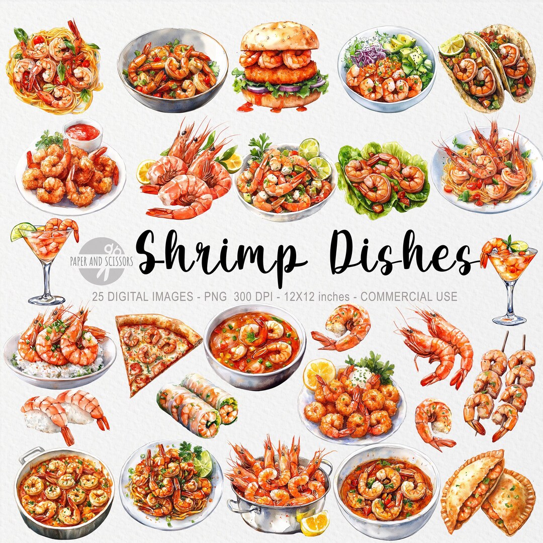 25 Shrimp Dish Cliparts, Seafood PNG, Food Illustration, Watercolor ...