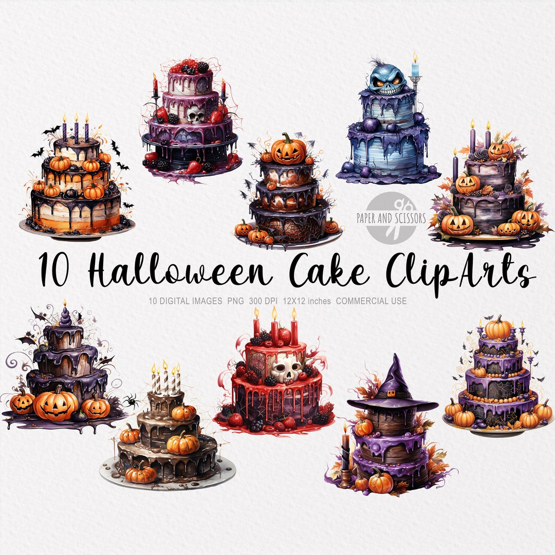 10 Halloween Cake Clipart, Watercolor Halloween Cake PNG, Halloween ...