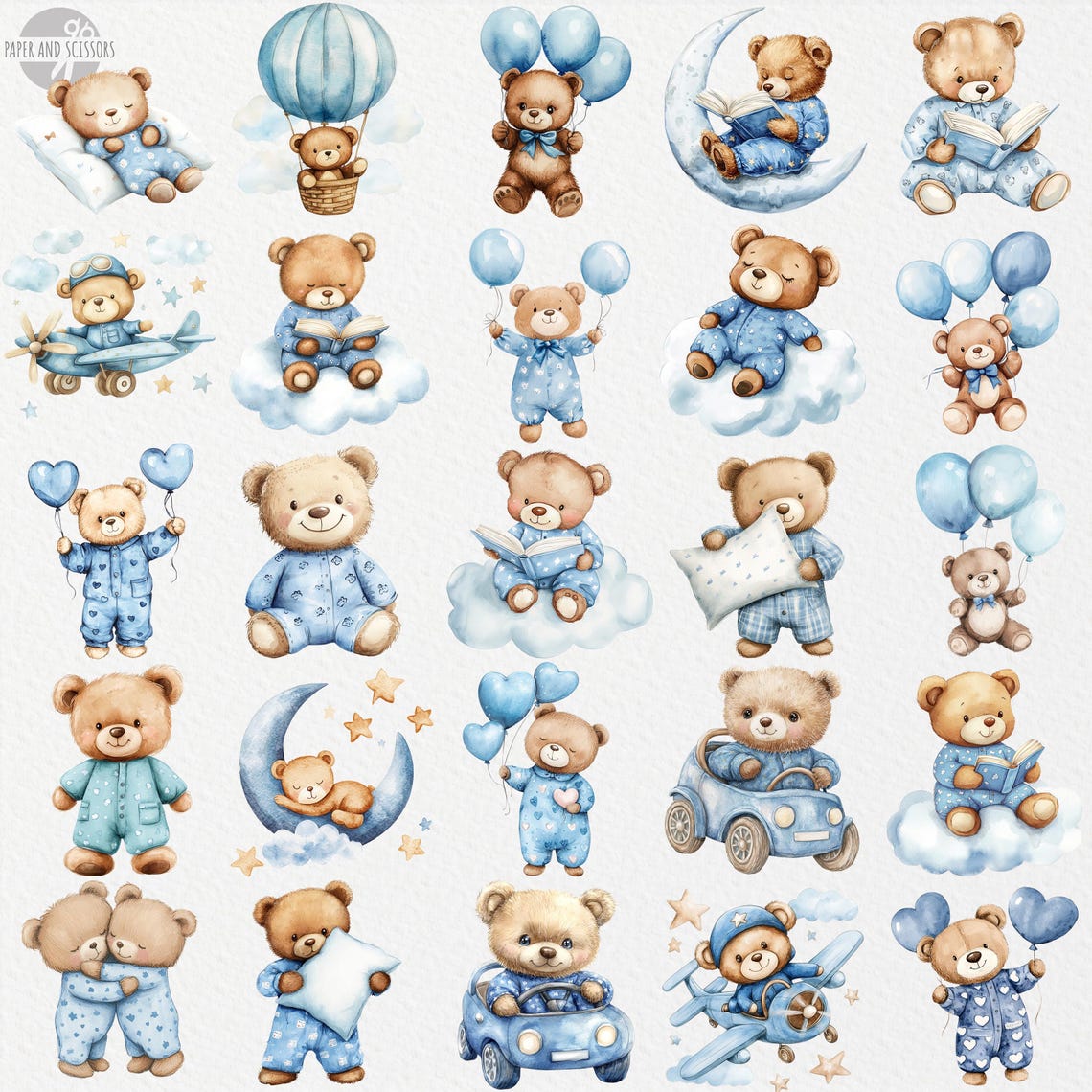 30 Baby Blue Sleepy Teddy Bear Watercolor Clipart, Teddy Bear PNG, Blue ...