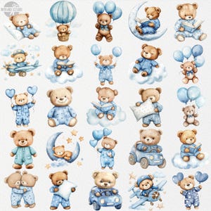 30 Baby Blue Sleepy Teddy Bear Watercolor Clipart, Teddy Bear PNG, Blue ...
