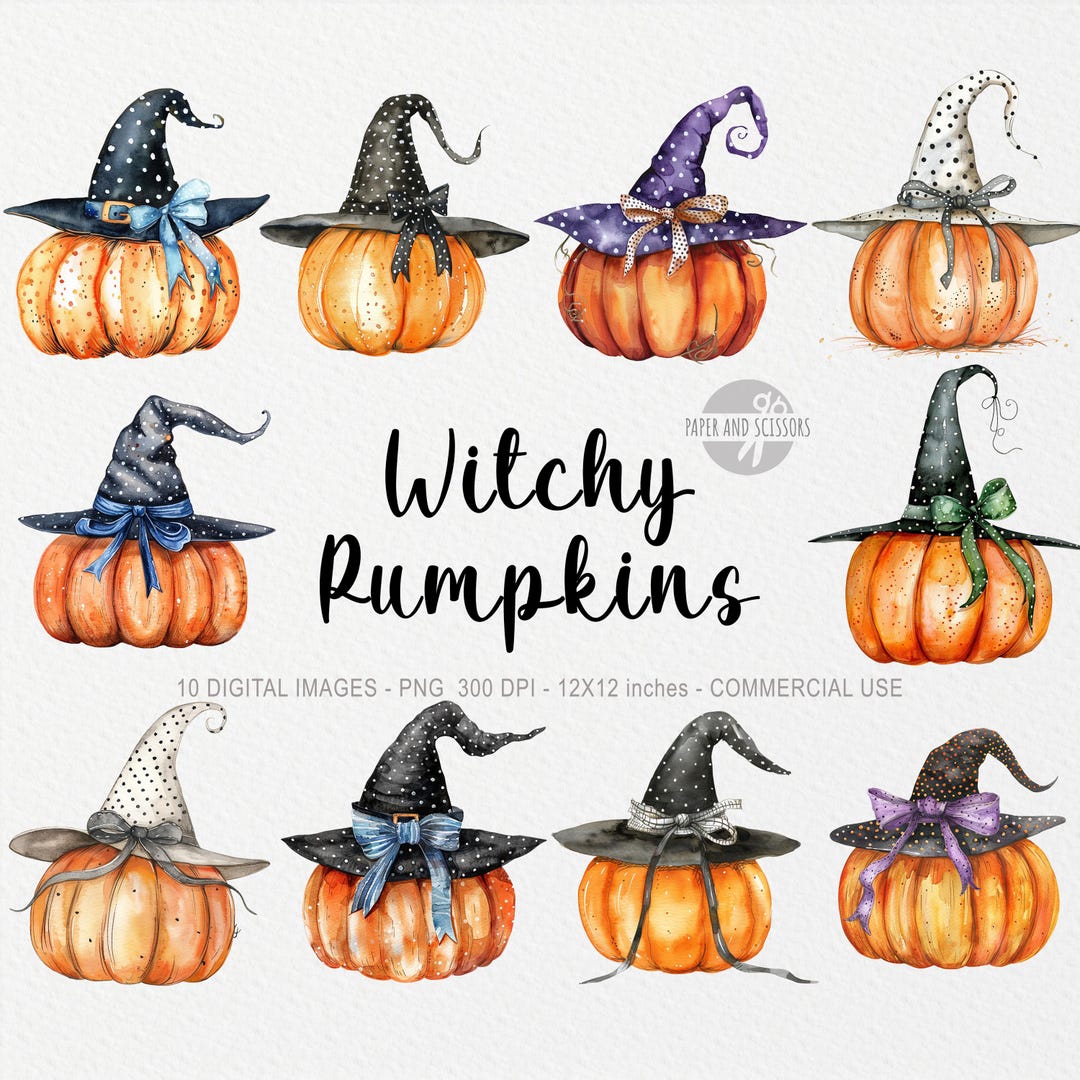 10 Witchy Pumpkin Cliparts, Witch Hat PNG, Spooky Decor, Sublimation ...