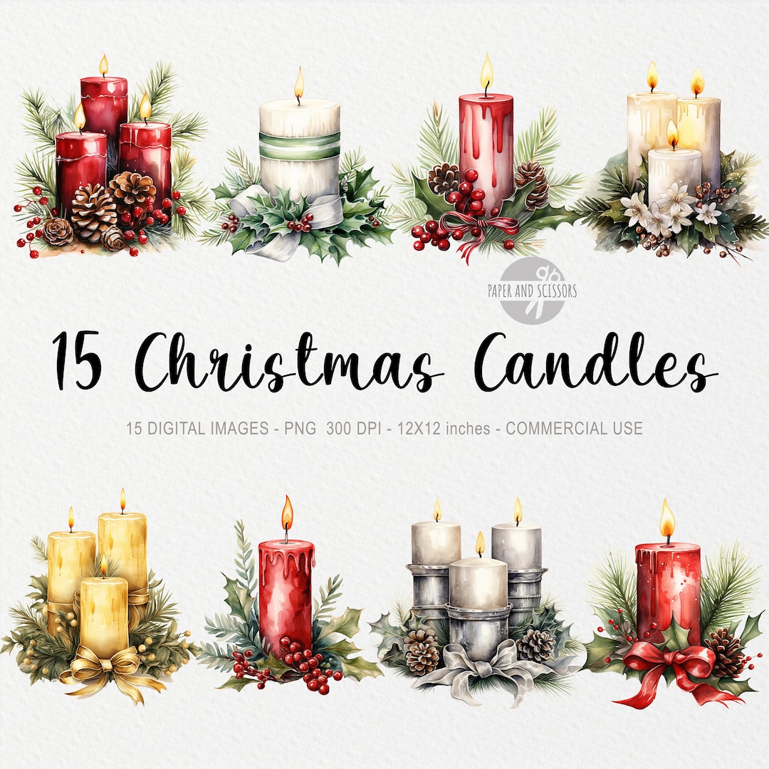 15 Christmas Candles Clipart, Candle PNG, Watercolor Candles ...