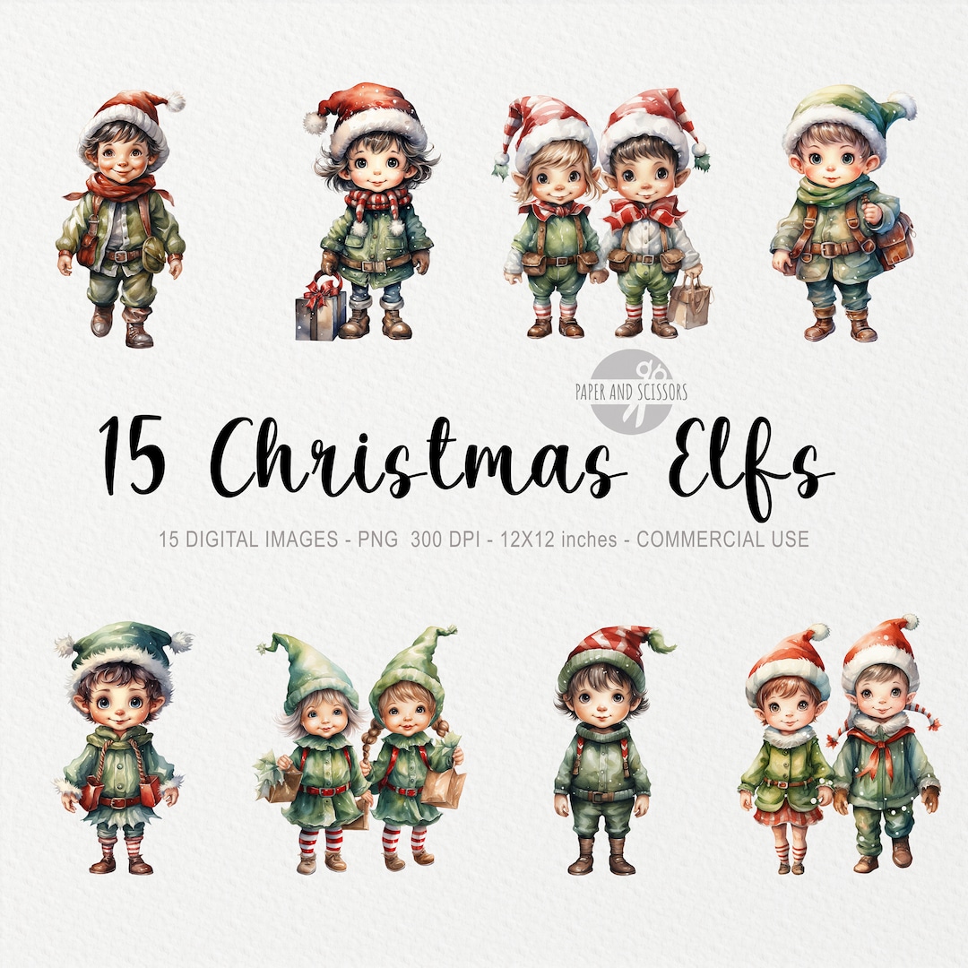 15 Christmas Elf Clipart, Watercolor Cute Elf PNG, Christmas Bundle ...