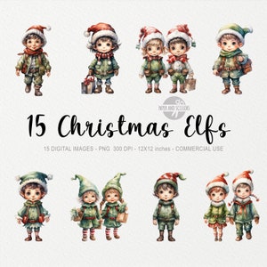 15 Christmas Elf Clipart, Watercolor Cute Elf PNG, Christmas Bundle ...