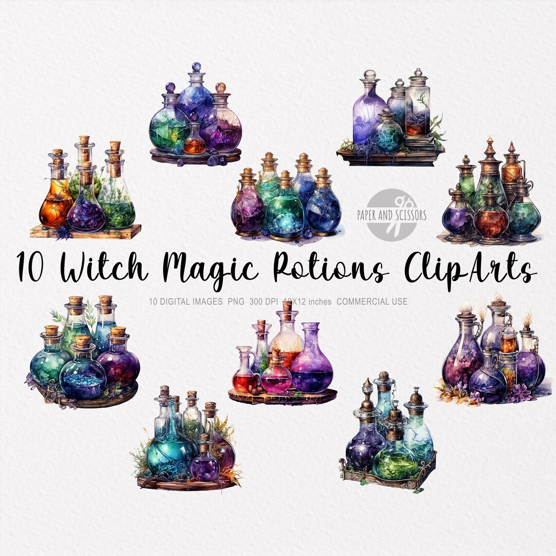 10 Witch Magic Potions Clipart, Watercolor Magic Potions PNG, Witch PNG ...
