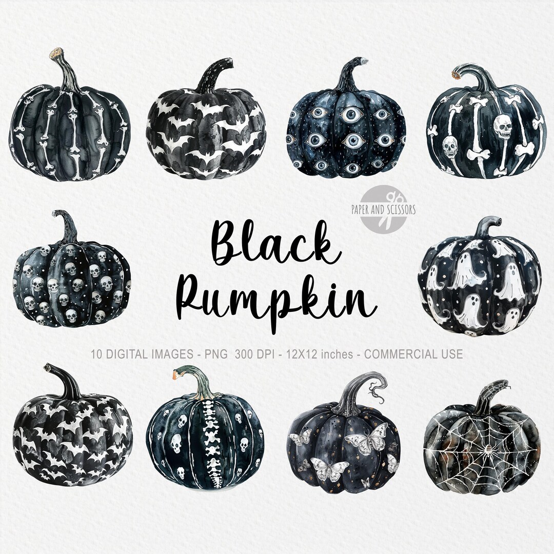 10 Halloween Black Pumpkins Clipart, Whimsical PNG, Spooky Witchy Decor ...