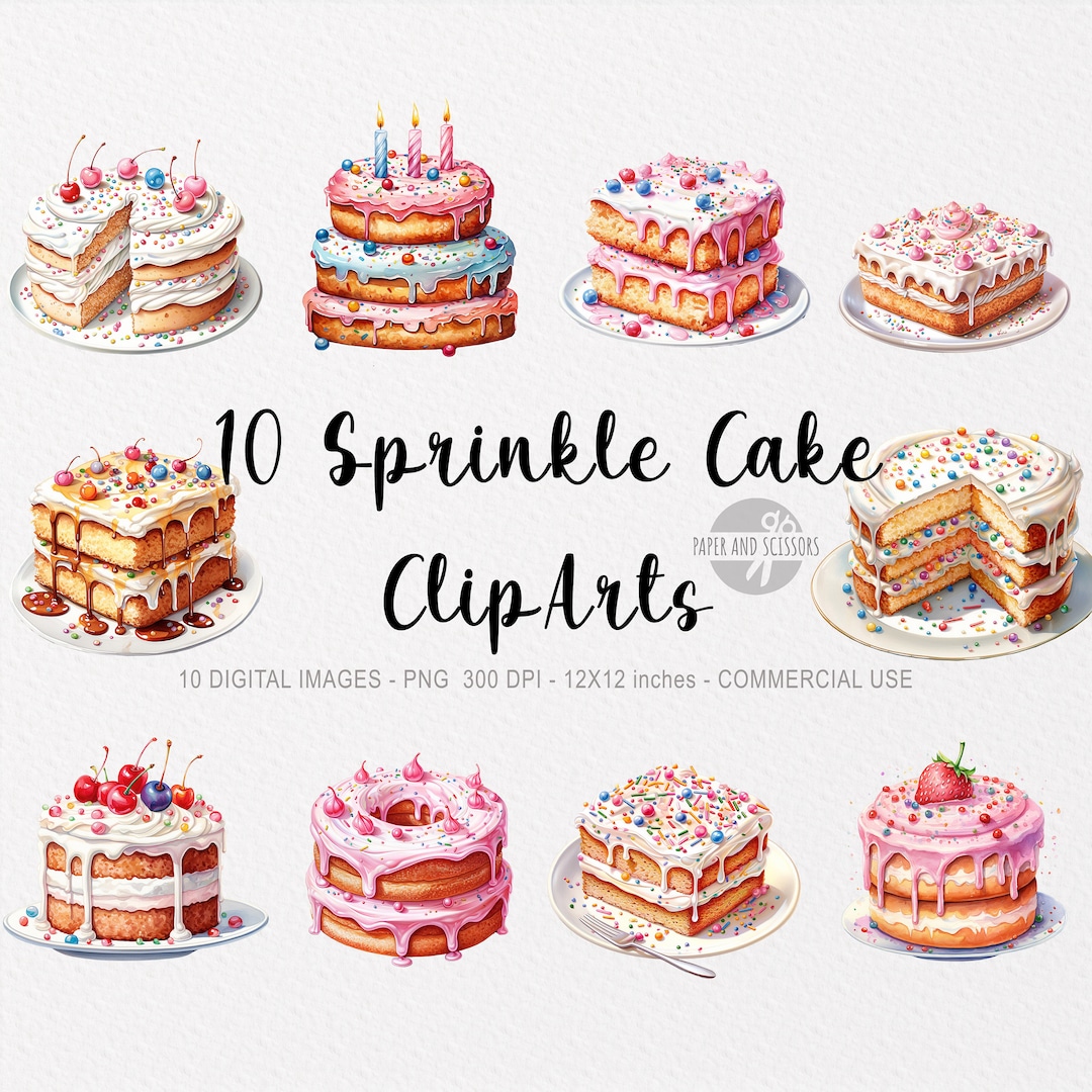 10 Sprinkle Cake Clipart, Cake PNG, Watercolor Birthday Cake, Dessert ...