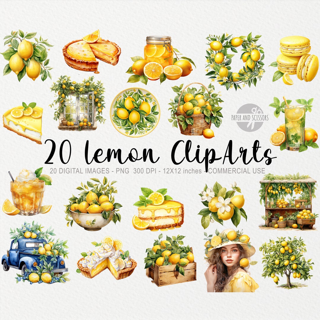 20 Lemon Cliparts, Watercolor Lemon Illustration PNG, Summer Bundle ...