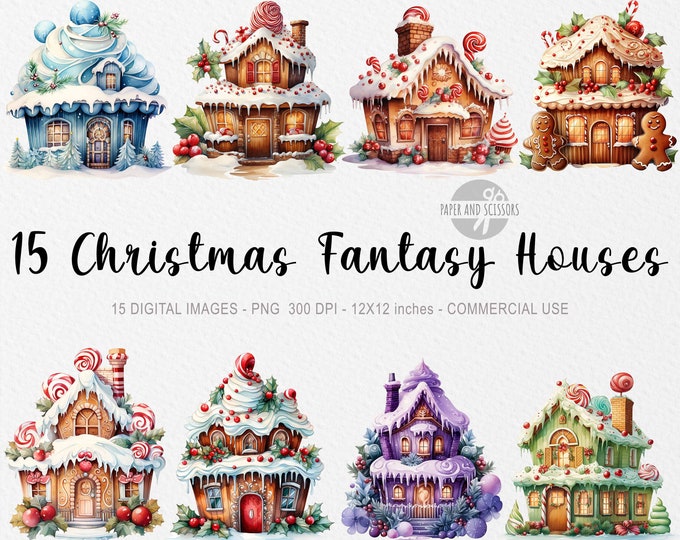 15 Christmas Fantasy Houses Clipart, Watercolor Christmas Fantasy ...