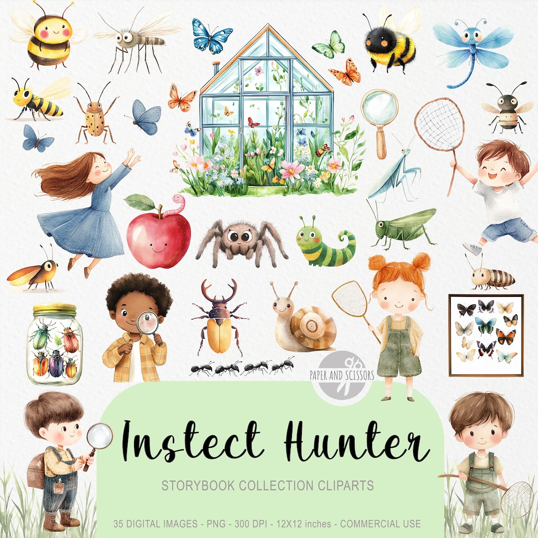35 Cute Insect Hunter Clipart, Watercolor Park Storybook, Outdoor ...