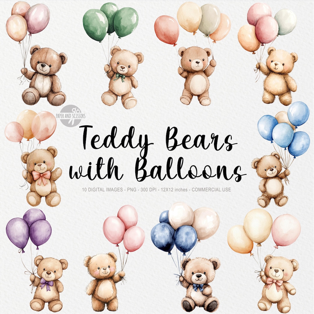 10 Teddy Bears With Balloons Watercolor Clipart, Balloon Teddy Bear PNG ...