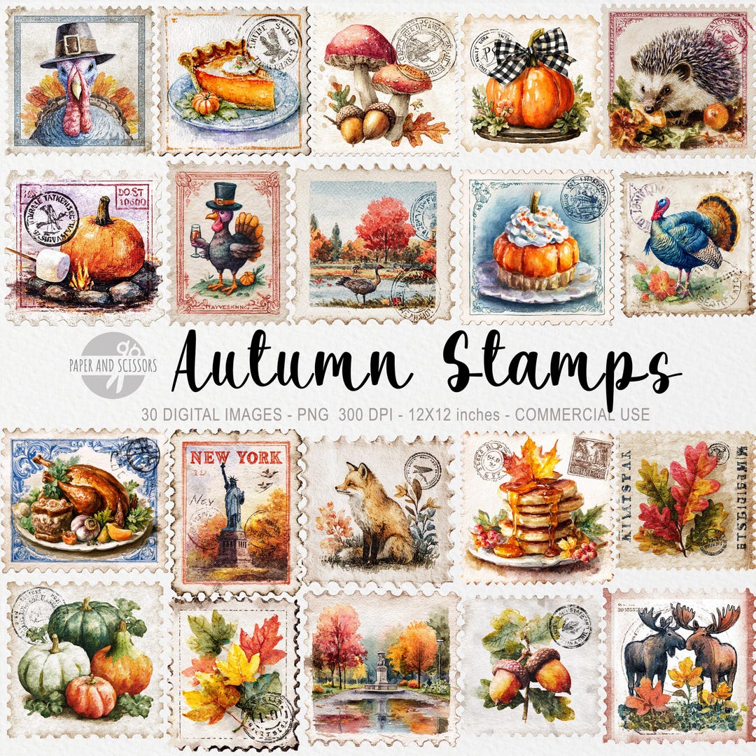 30 Autumn Stamp Clipart, Vintage Postage PNG, Retro Thanksgiving, SVG ...