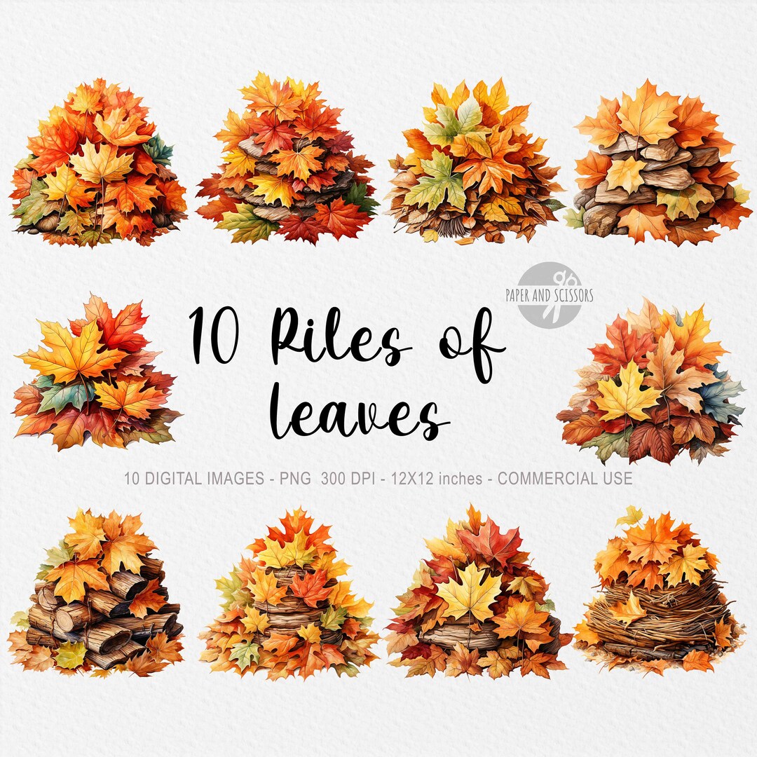 10 Leaves Piles Clipart, Leaves PNG, Áutumn Illustration, Watercolor ...